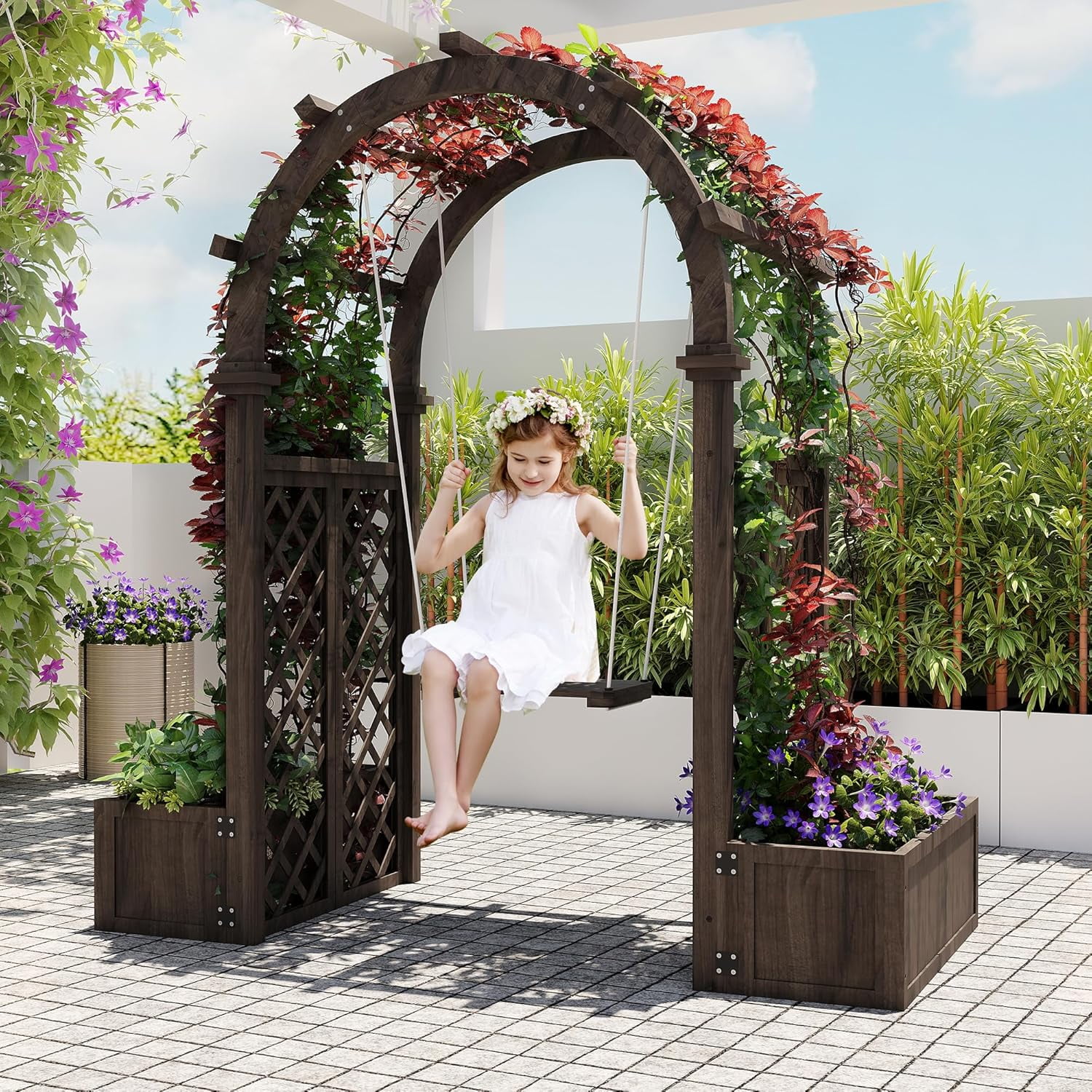 Wooden Garden Arbor with Planter&Swing,Outdoor Arbor Trellis for ...