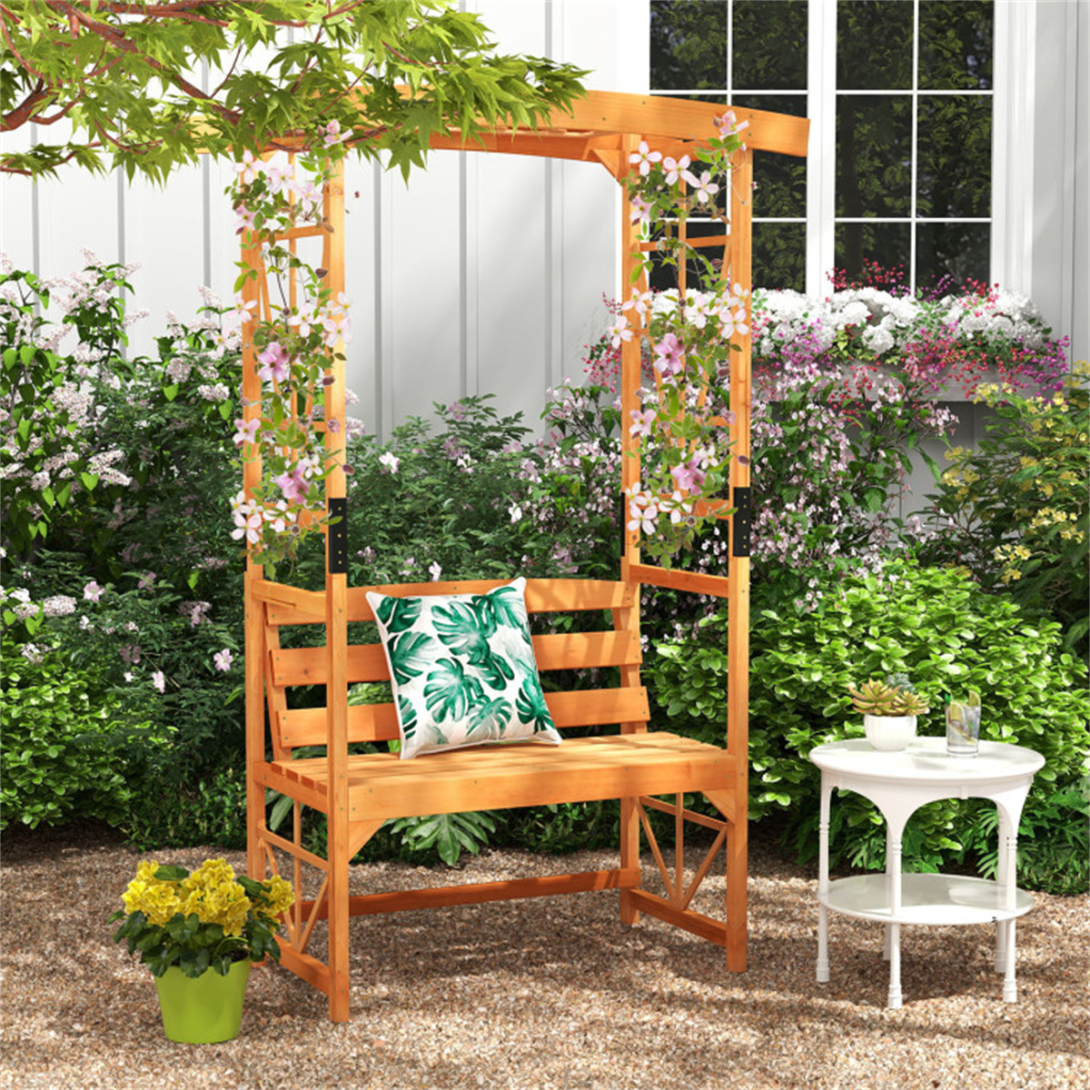 Wooden Garden Arbor with Slatted Seat, 2-in-1 Multifunctional Outdoor ...