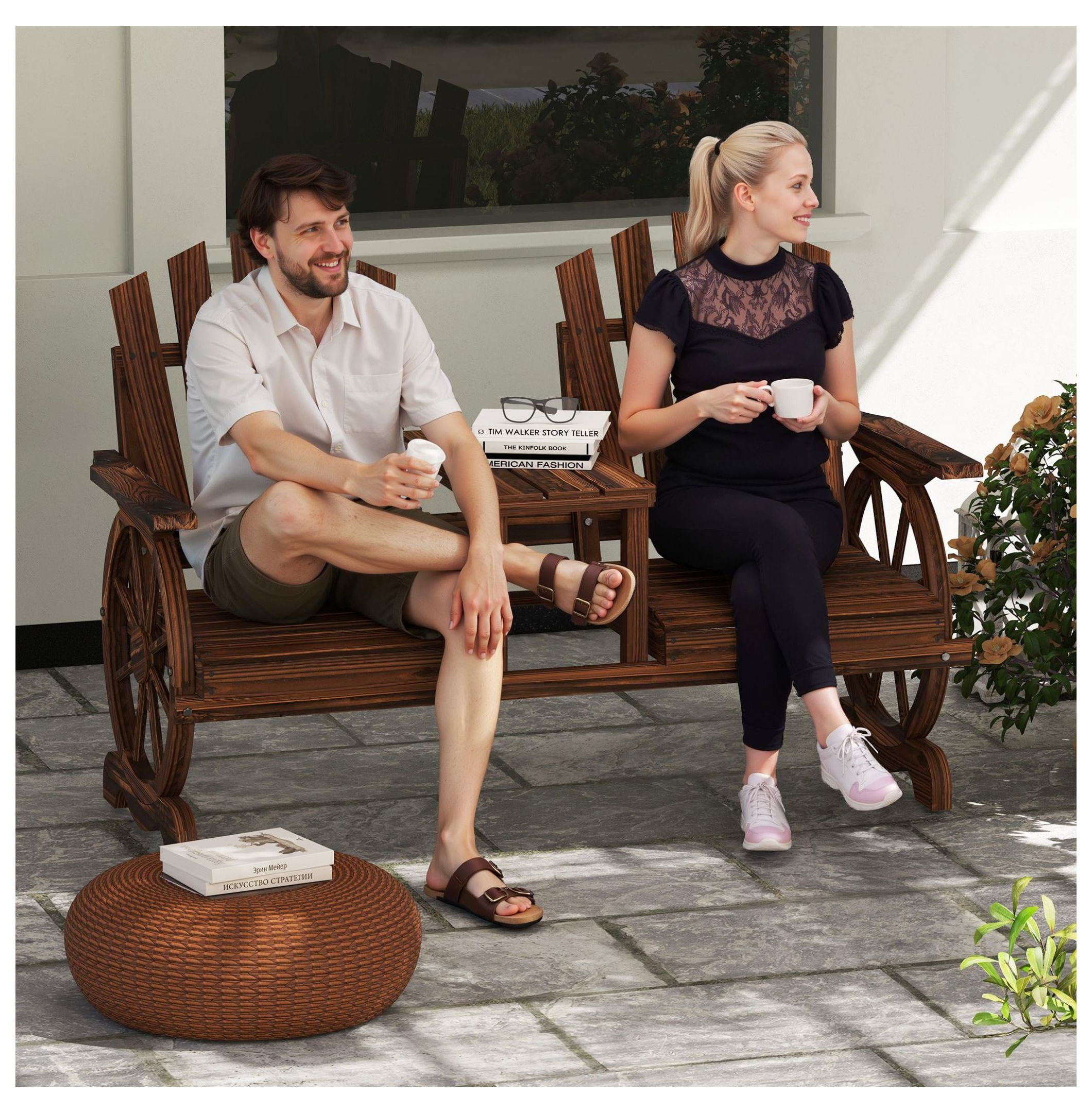 Wooden Garden Bench with Table, 2-Seat Outdoor Patio Bench with ...