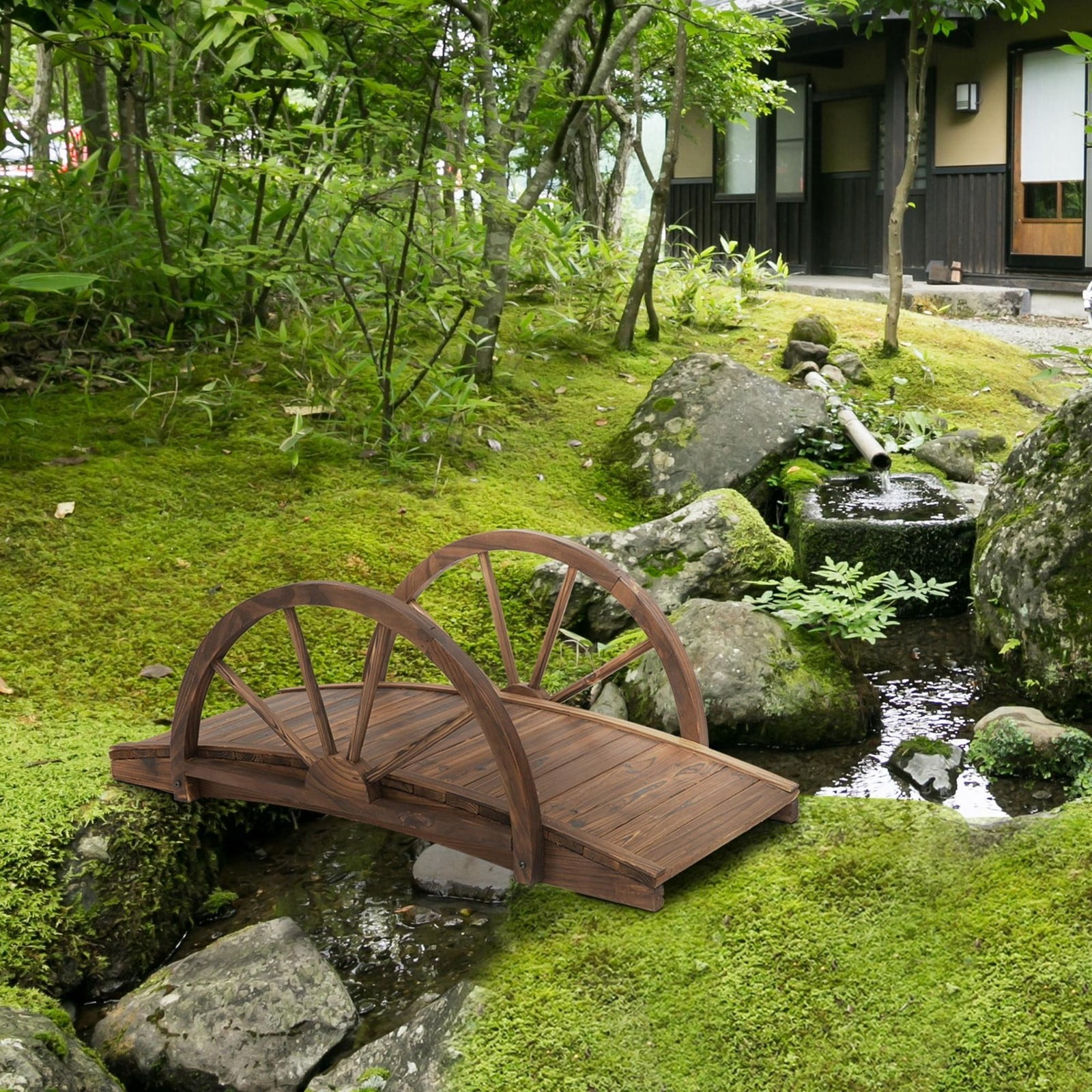 Wooden Garden Bridge Arc Stained Finish Walkway with Half Wheeled ...