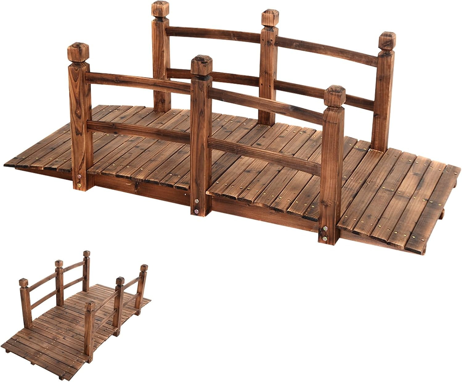 Wooden Garden Bridge, Outdoor Arched Walkway with Safety Rails, 220 lbs ...