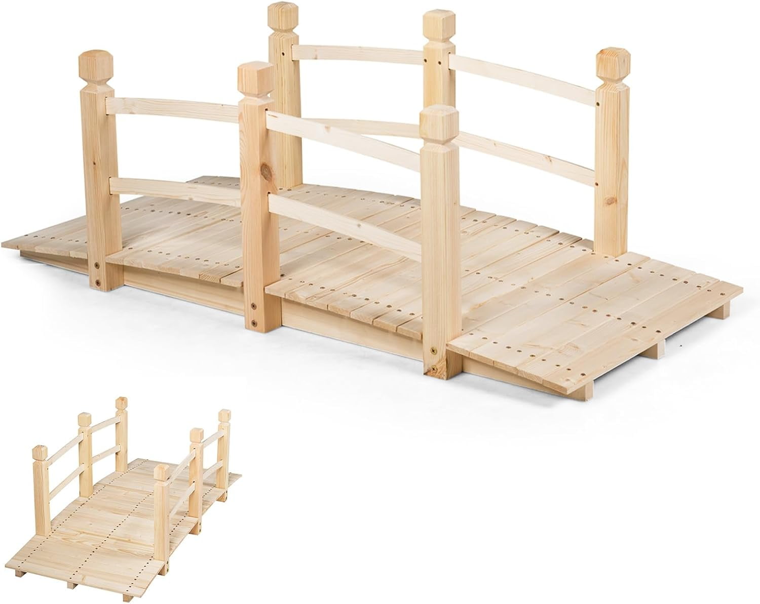 Wooden Garden Bridge, Outdoor Arched Walkway with Safety Rails, 220 lbs ...