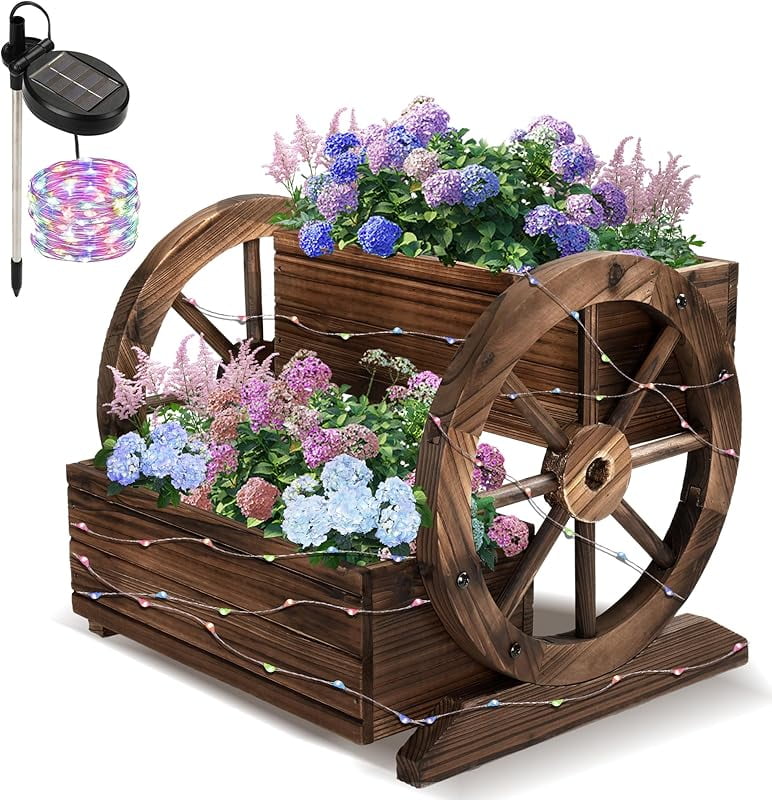 Wooden Gardening Flower Cart Flower Pot-with Wheels Moving Flower Box ...