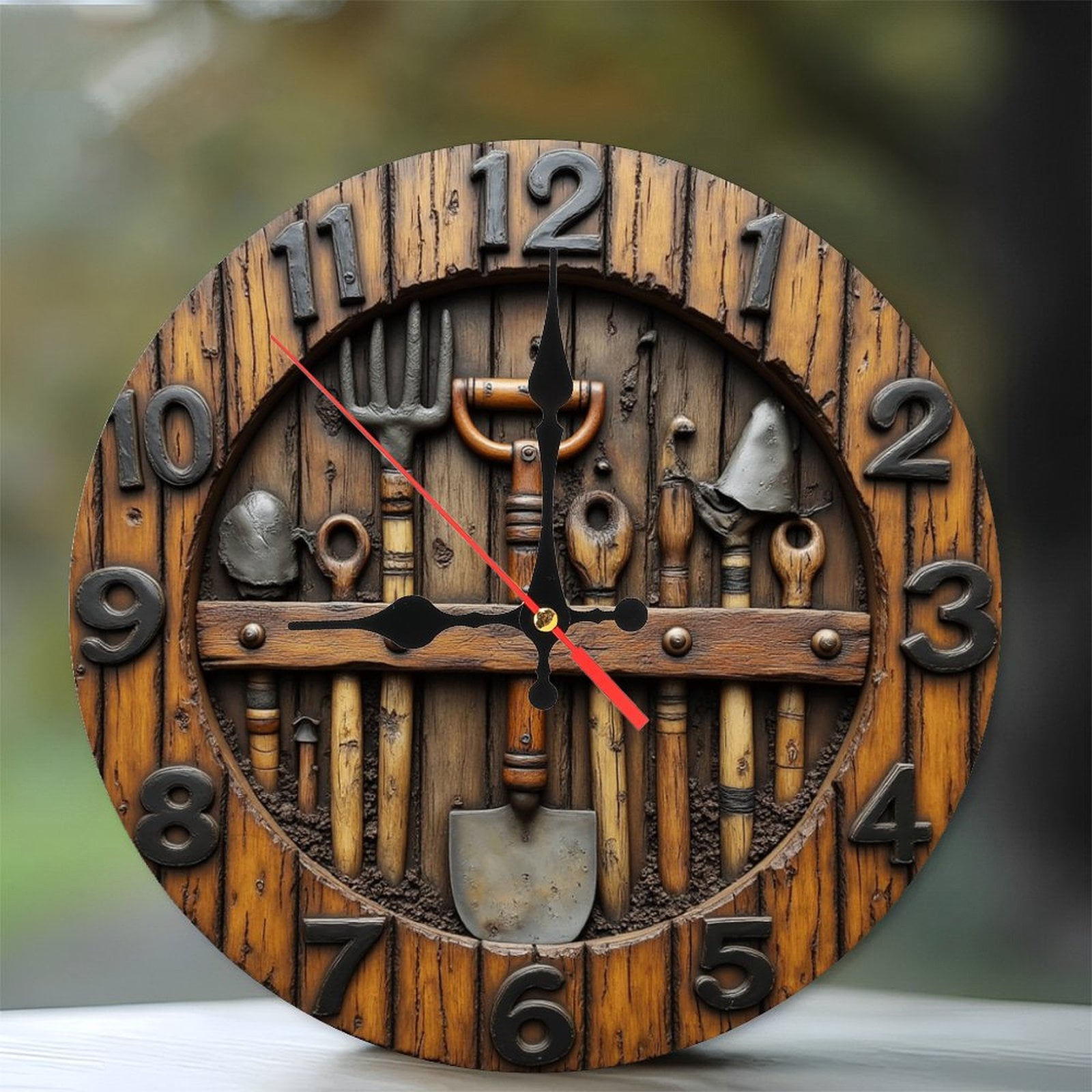 Wooden Gardening Tool Wall Clock Rustic Farmhouse Decor 10-Inch Silent ...