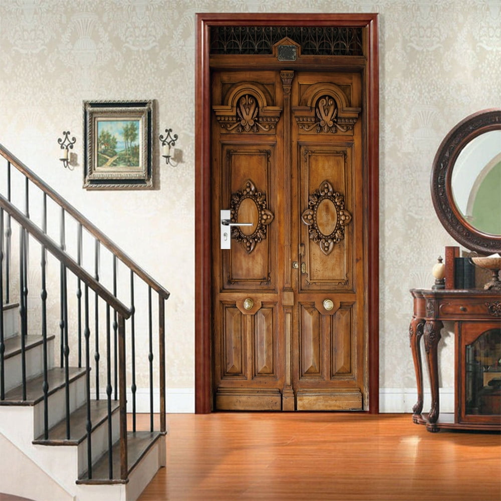 Wooden Gate Metal Door Art Poster 3D Visual Door Stickers Vinyl ...