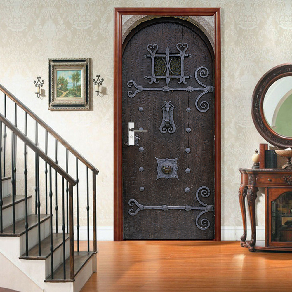 Wooden Gate Metal Door Art Poster 3D Visual Door Stickers Vinyl ...