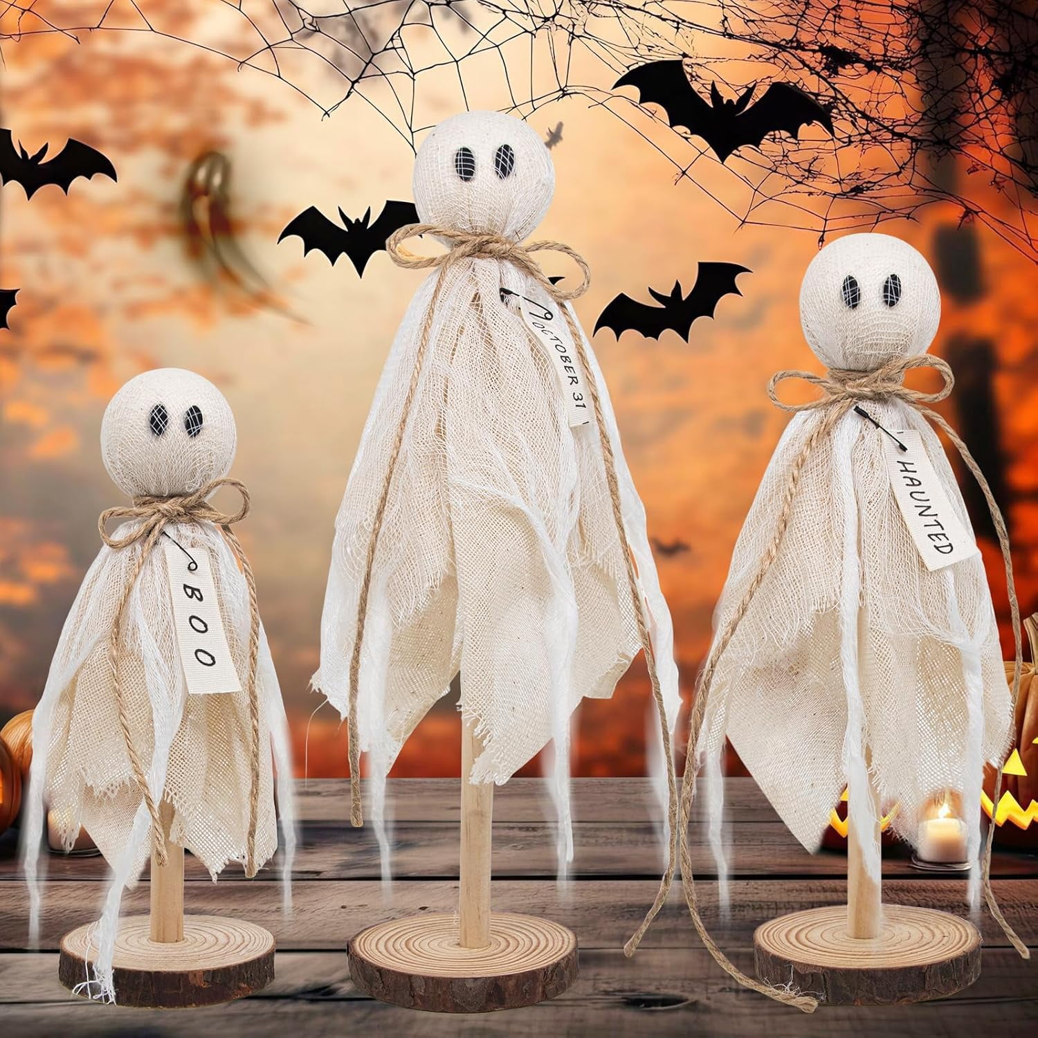 Wooden Ghost Halloween Decorations Indoor, Set of 3 Sizes Rustic Shelf ...
