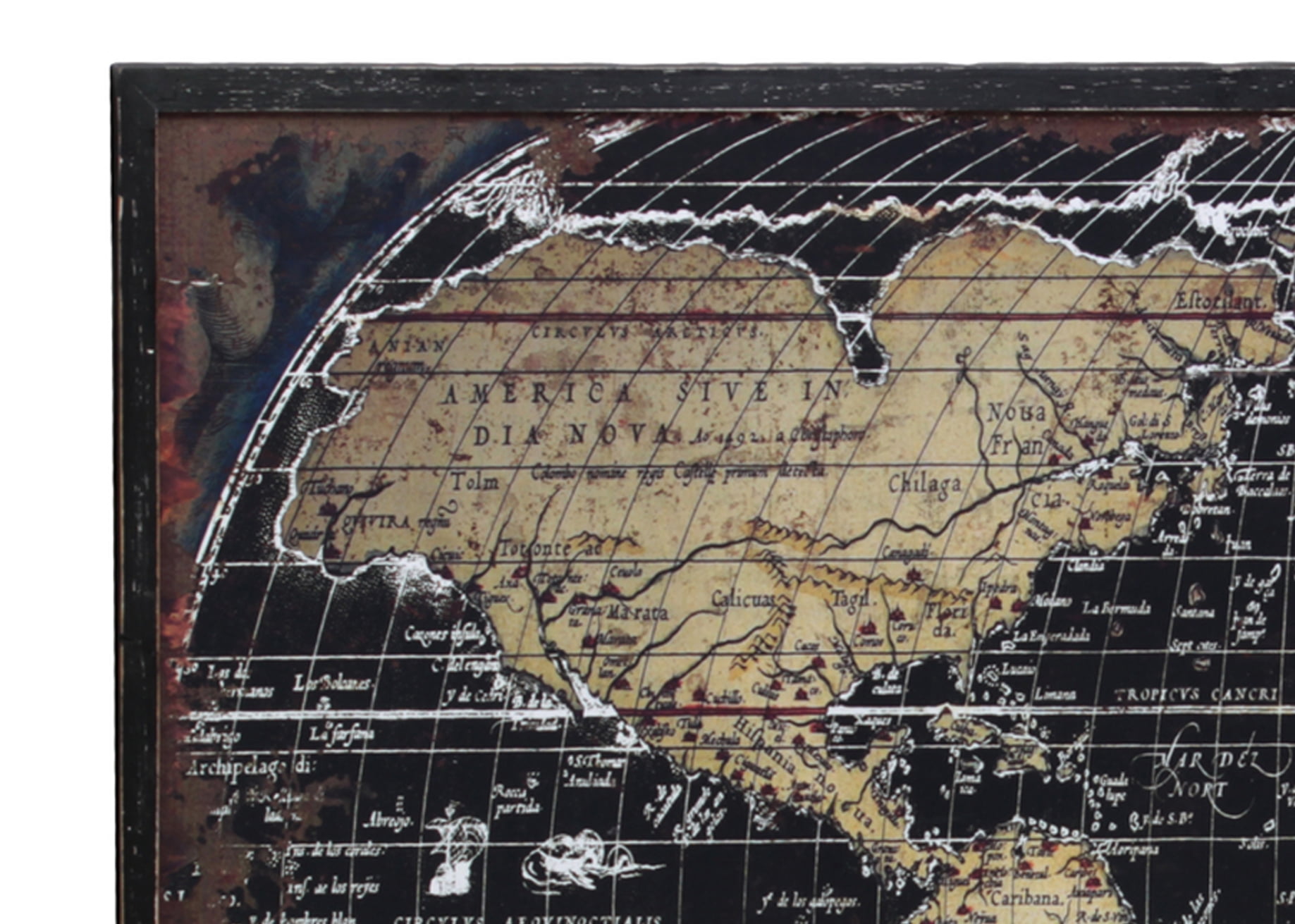 Wooden Giclee Printed World Atlas Frame With Distressed Look, Black ...