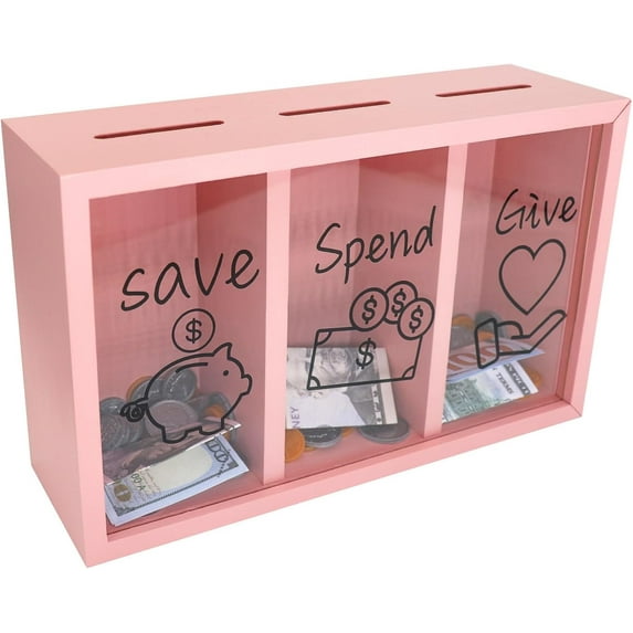 Wooden Give Save Spend Money Saving Box for Kids, Money Coin Savings ...