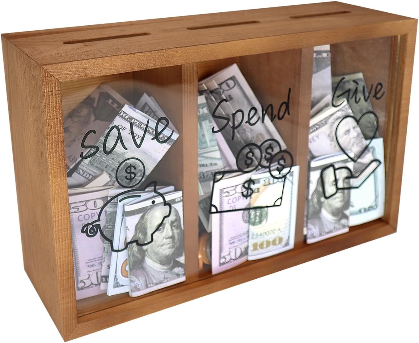 Wooden Give Save Spend Money Saving Box for Kids, Money Coin Savings ...