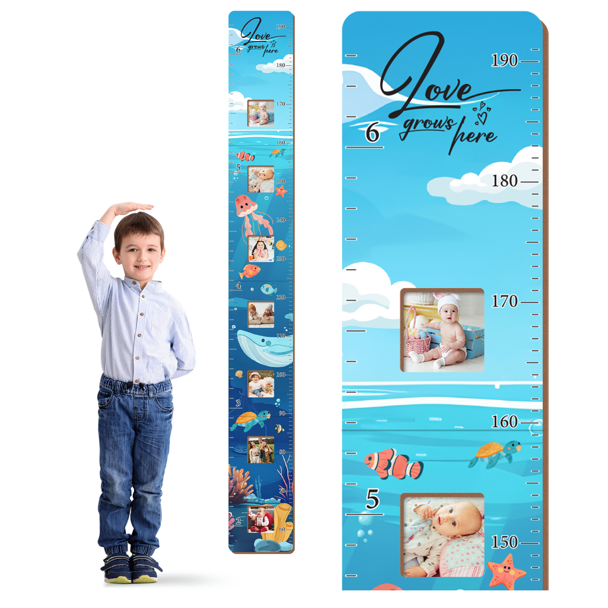 Wooden Growth Chart for Wall with Picture Frames, Kid Height Wall Chart ...
