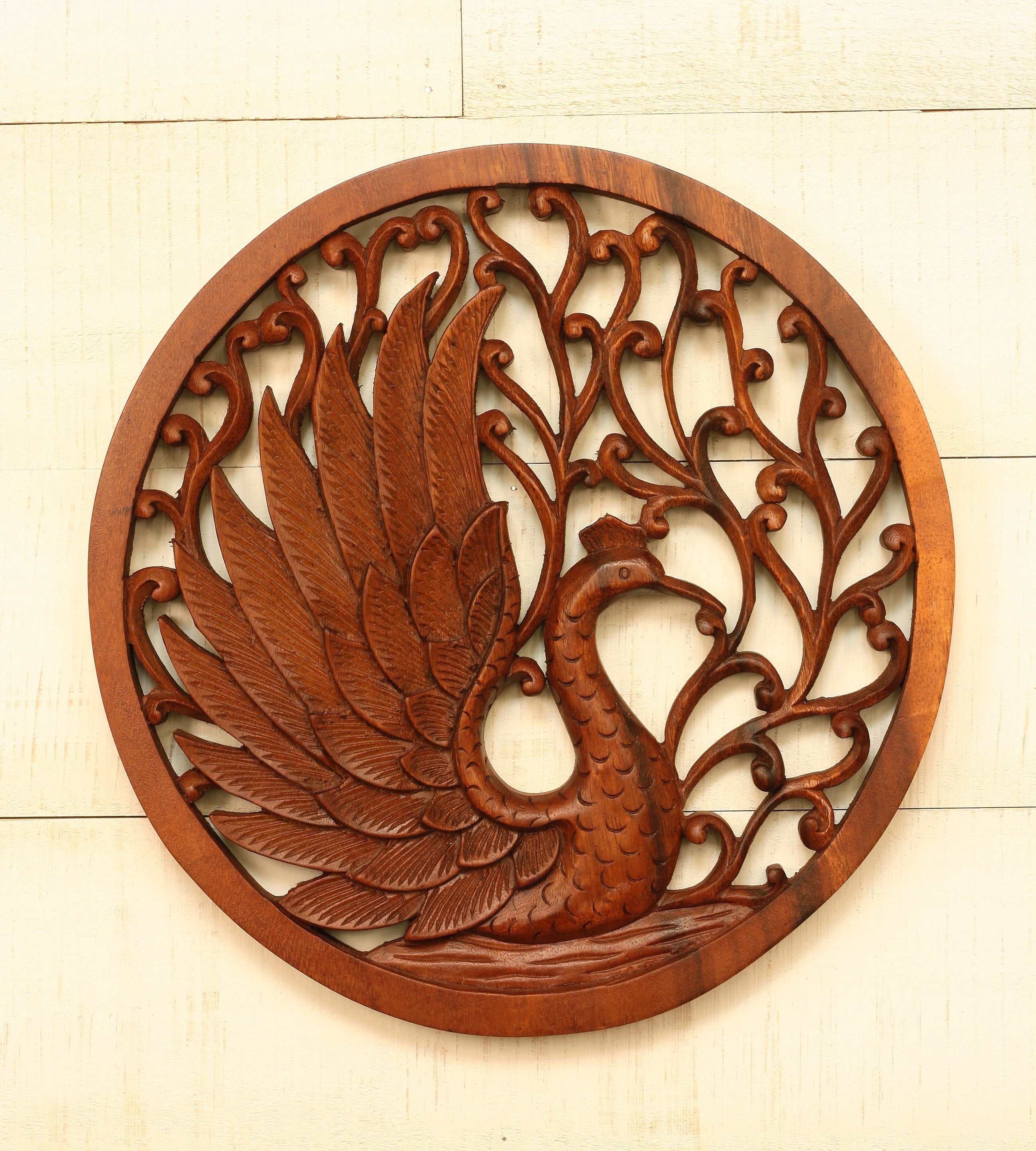 Wooden Hand Carved Peacock Wall Plaque Relief Panel Wall Hanging Statue ...