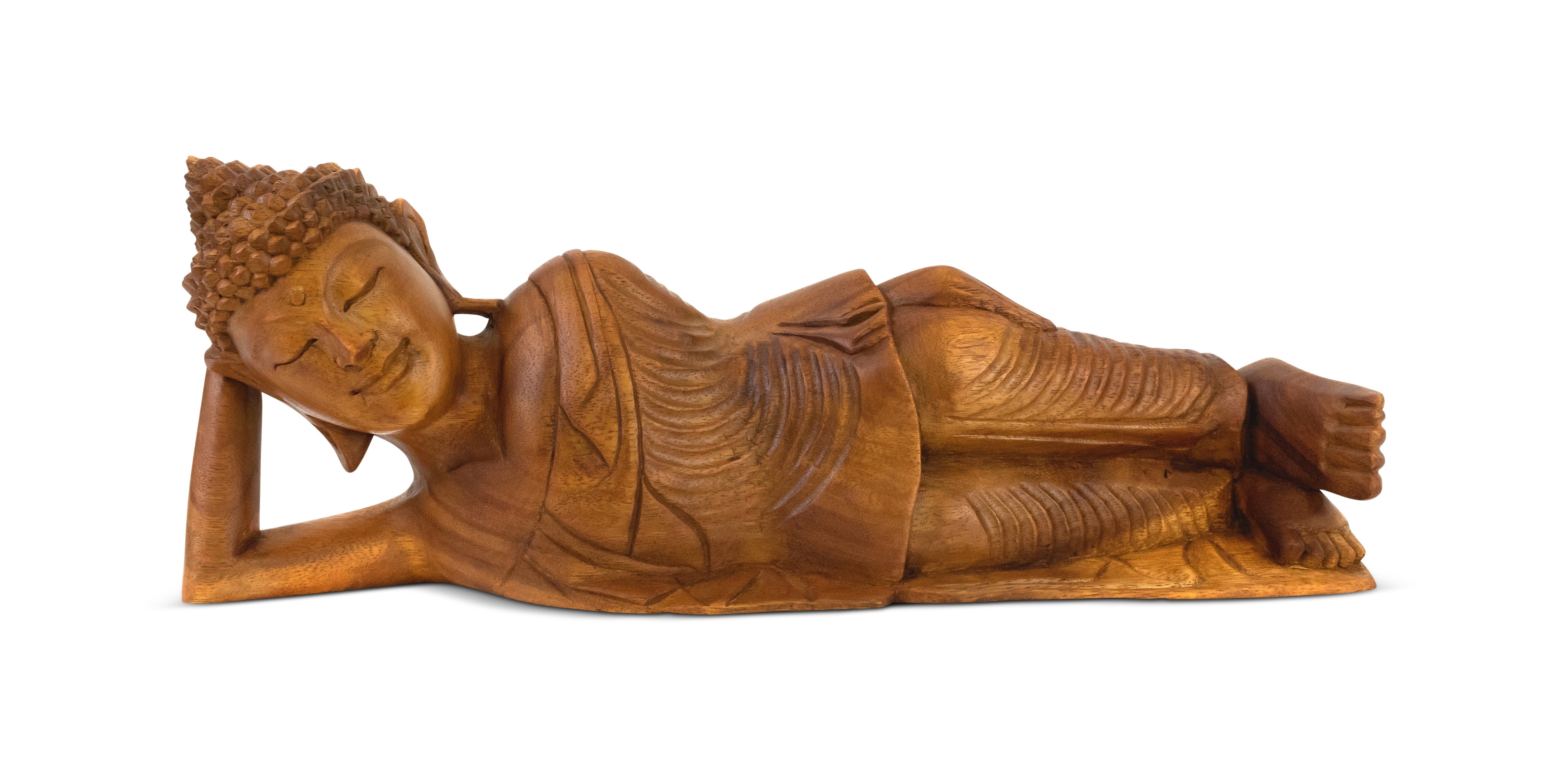 Wooden Hand Carved Serene Reclining Buddha Statue Sculpture Handmade ...