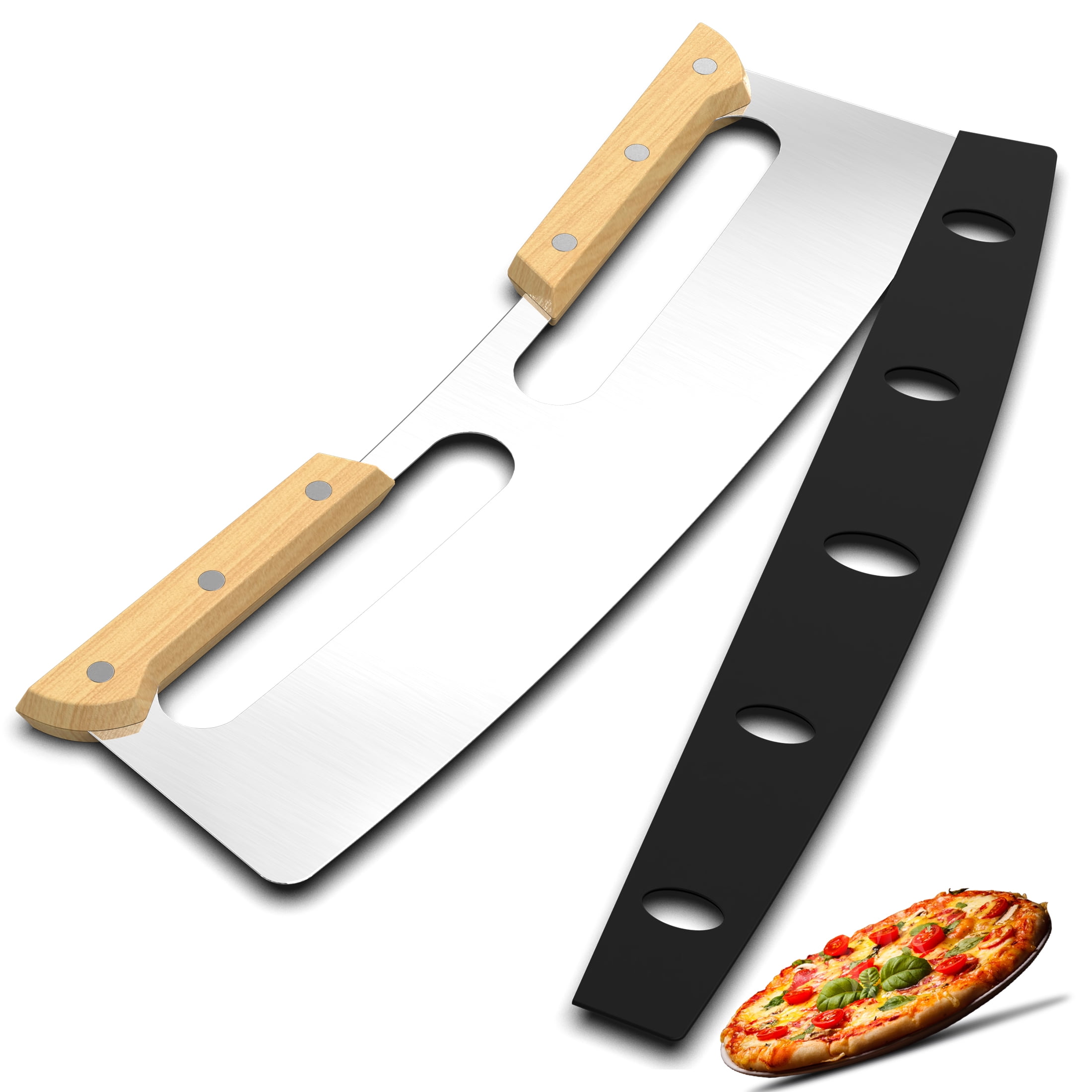 GH1200 Wooden Handle Pizza Cutter Rocker, 14-Inch Stainless Steel Pizza ...