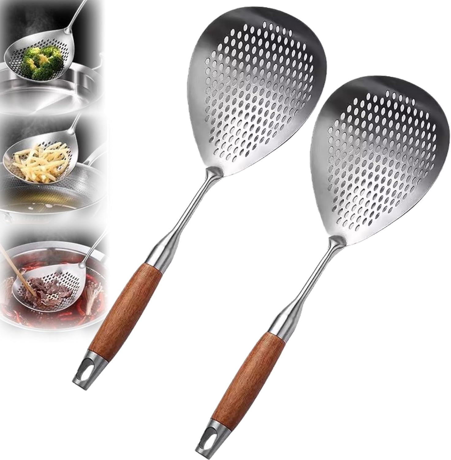 Wooden Handle Stainless Steel Skimmer, Frying Spoon Strainer, Fryer ...