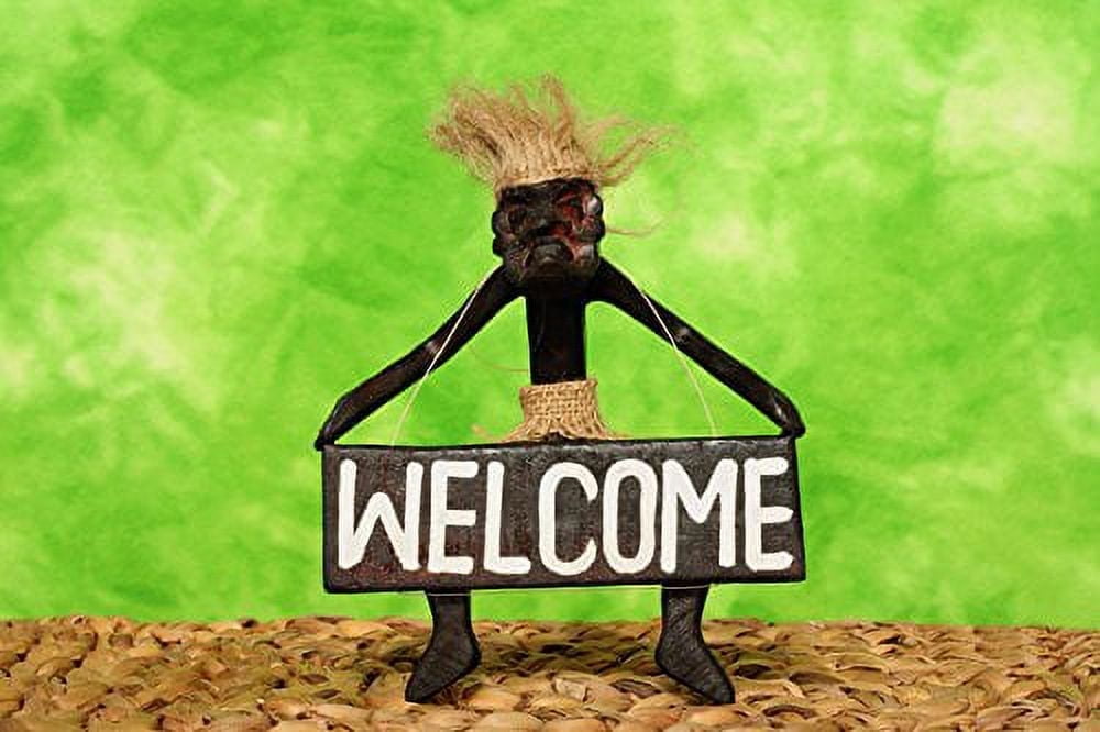 Wooden Handmade Primitive Tribal Statue Holding Welcome Sign Wall ...