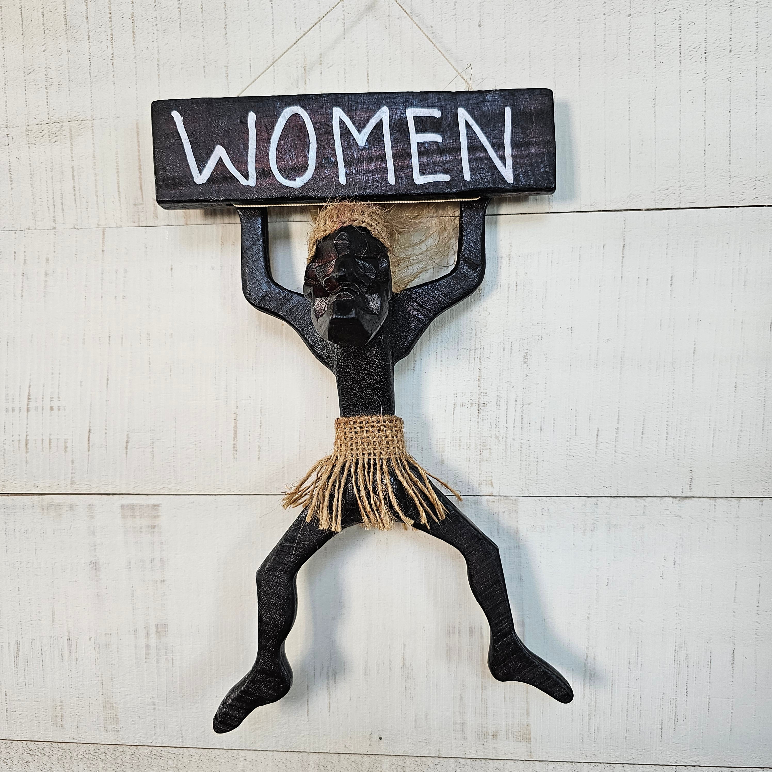 Wooden Handmade Primitive Tribal Statue Women Bathroom Restroom Sign ...