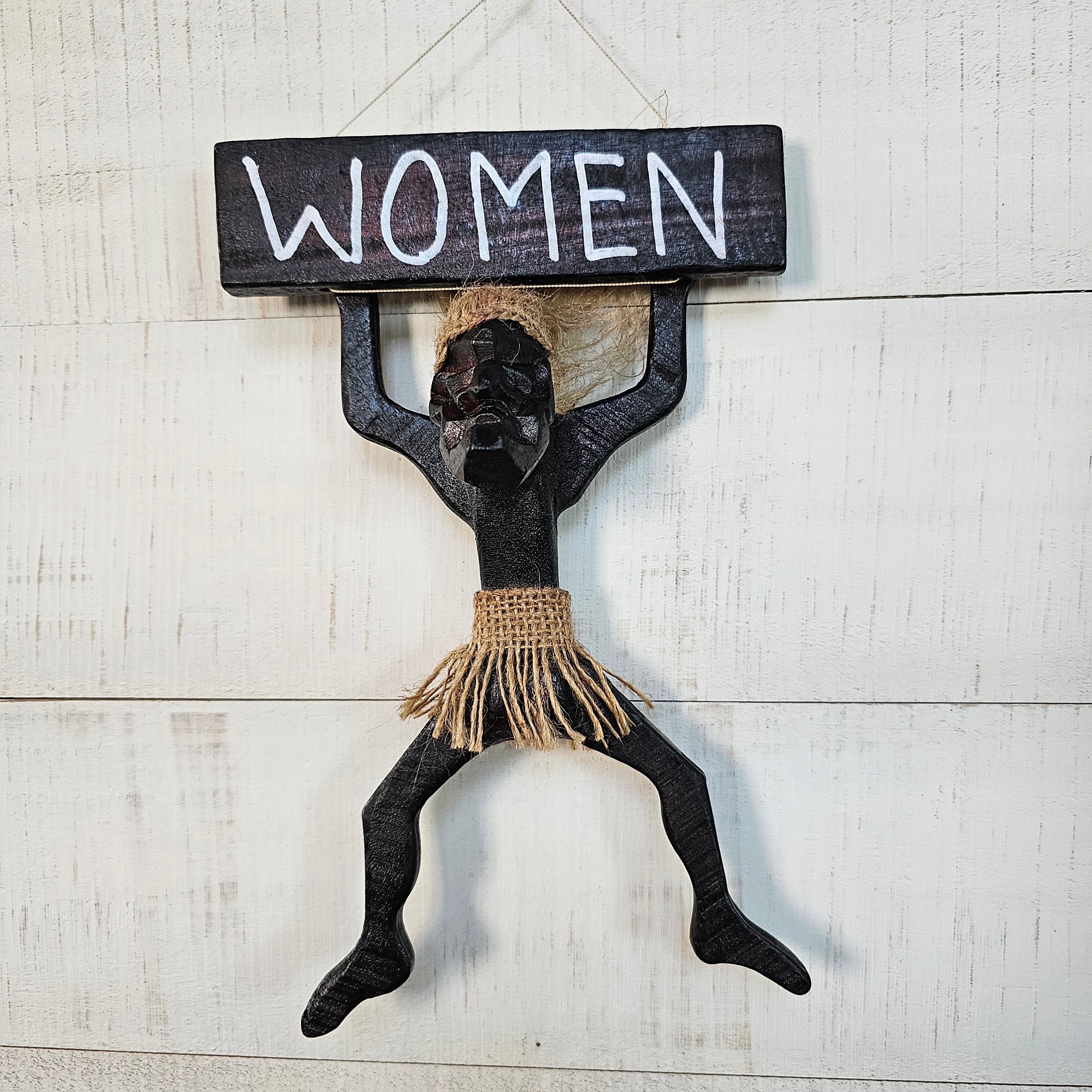 Wooden Handmade Primitive Tribal Statue Women Bathroom Restroom Sign ...