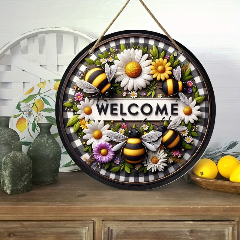 Wooden Hang Sign, Welcome Bumblebee And Wildflower Spring Sign, Round ...