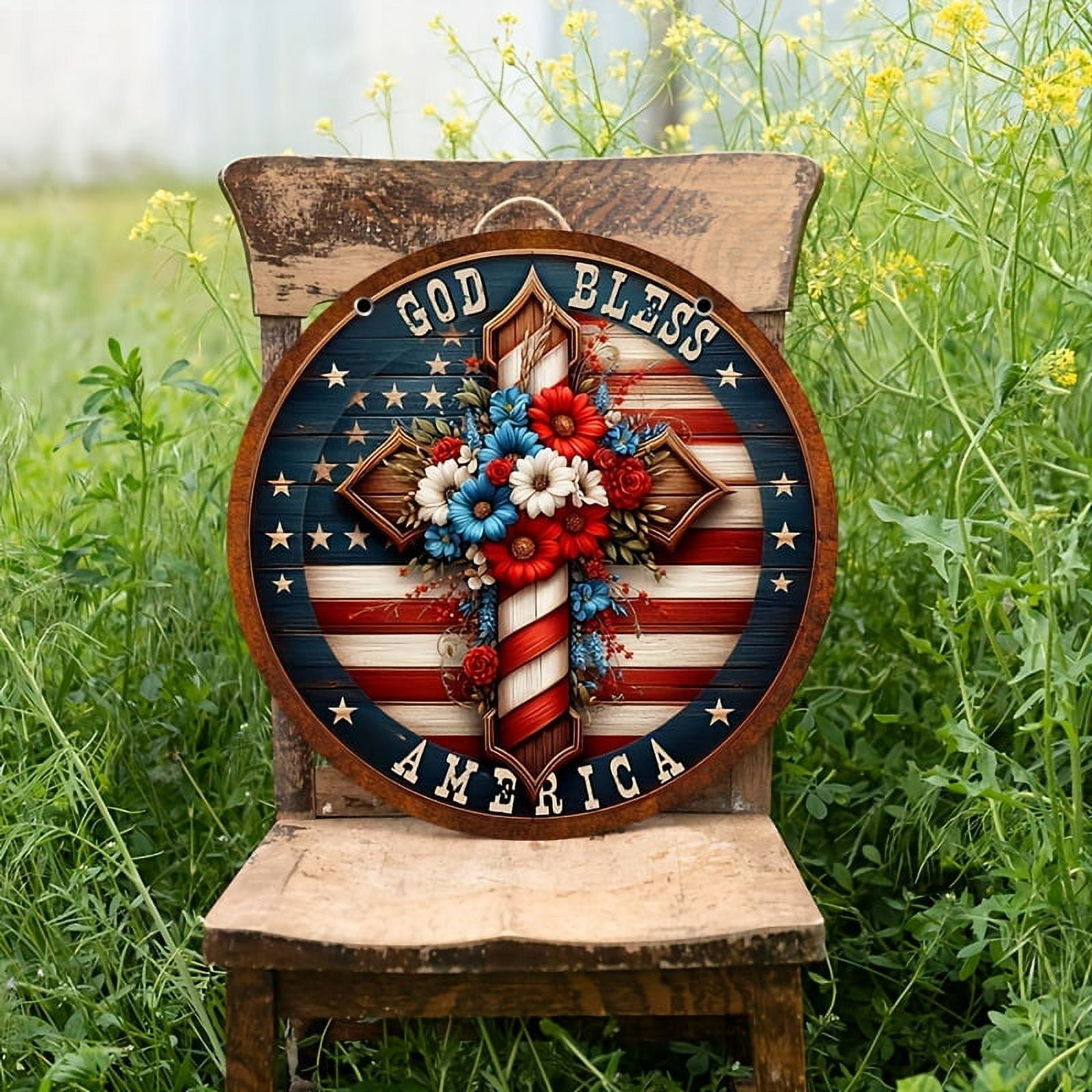 Wooden Hang Tag Sign, God Bless America Patriotic Cross Flag 4th Of July Flower Wreath Sign ...