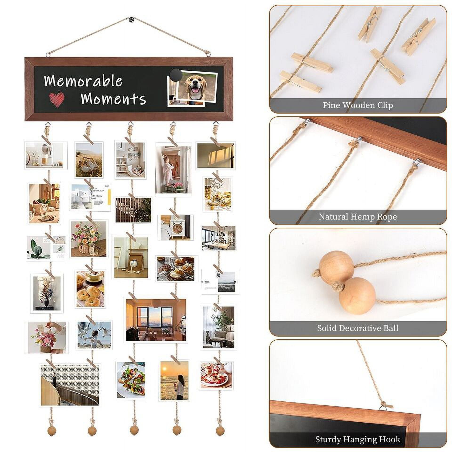 Wooden Hanging Picture Frame Display String Ropes Storage with 30Clip ...