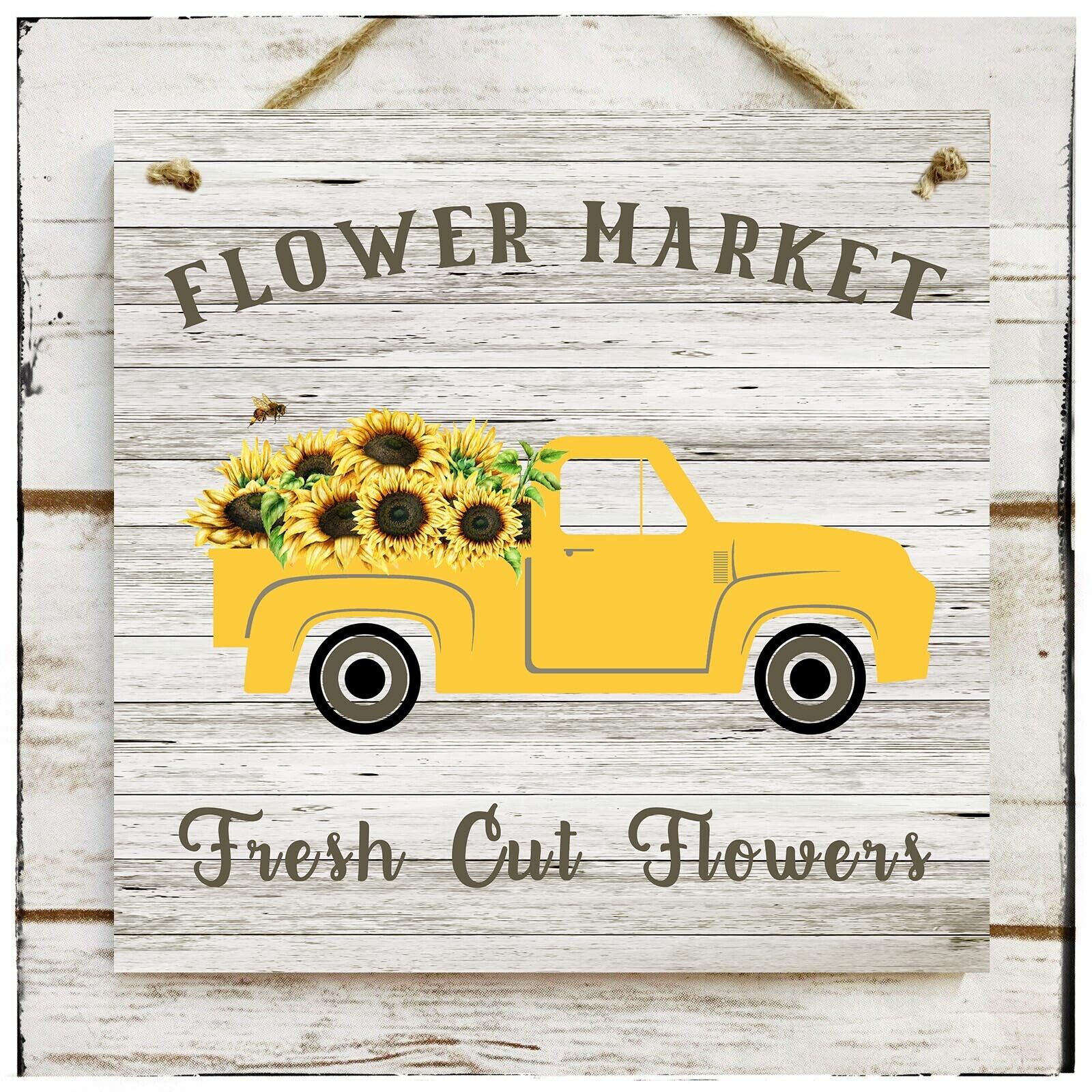 Wooden Hanging Sign Flower Market Fresh Cut Flowers Yellow Truck ...
