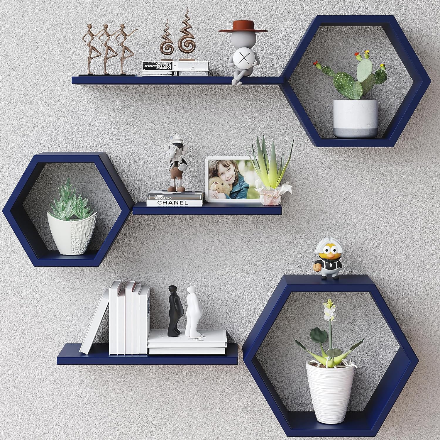 Wooden Hexagon Floating Shelves Wall Mounted,Set of 6 Pine Hexagon ...
