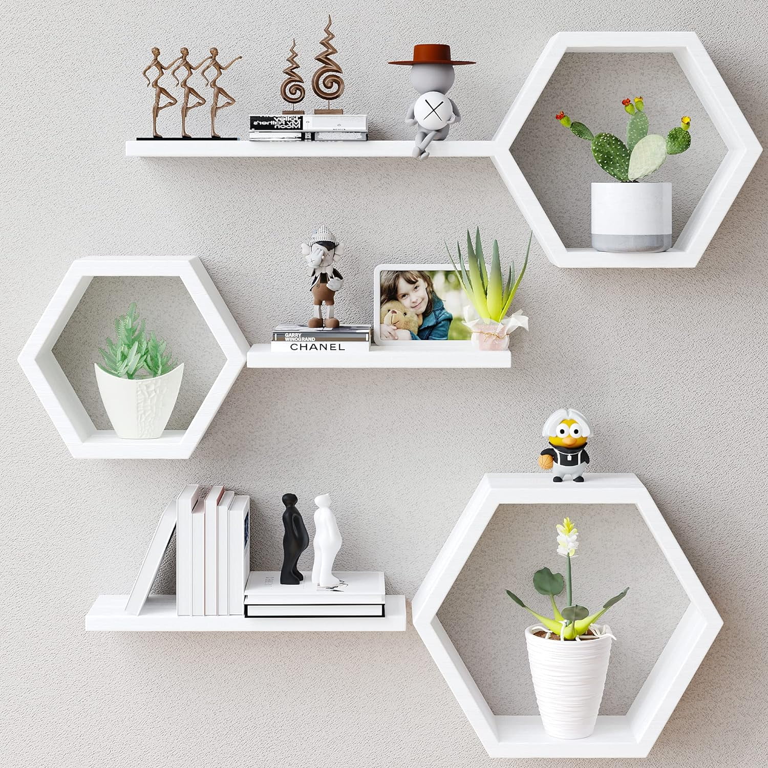 Wooden Hexagon Floating Shelves Wall Mounted - Set of 6 Pine Wood Hexagon Shelves Display for ...