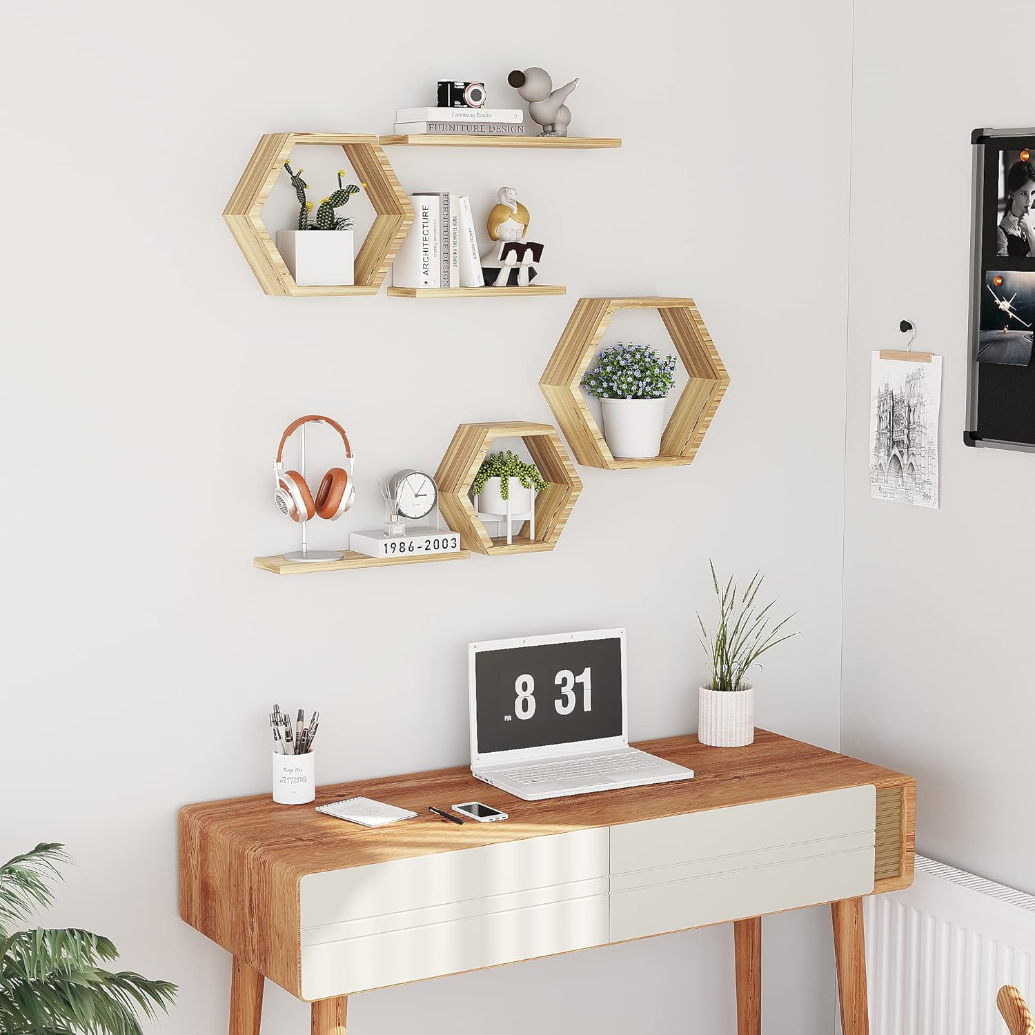 Wooden Hexagon Floating Shelves Wall Mounted - Set of 6 Pine Wood ...