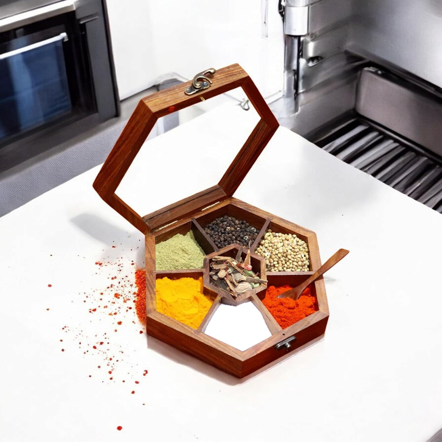 Wooden Hexagonal Spice Box Masala box Dabba Containers Jars Set for ...
