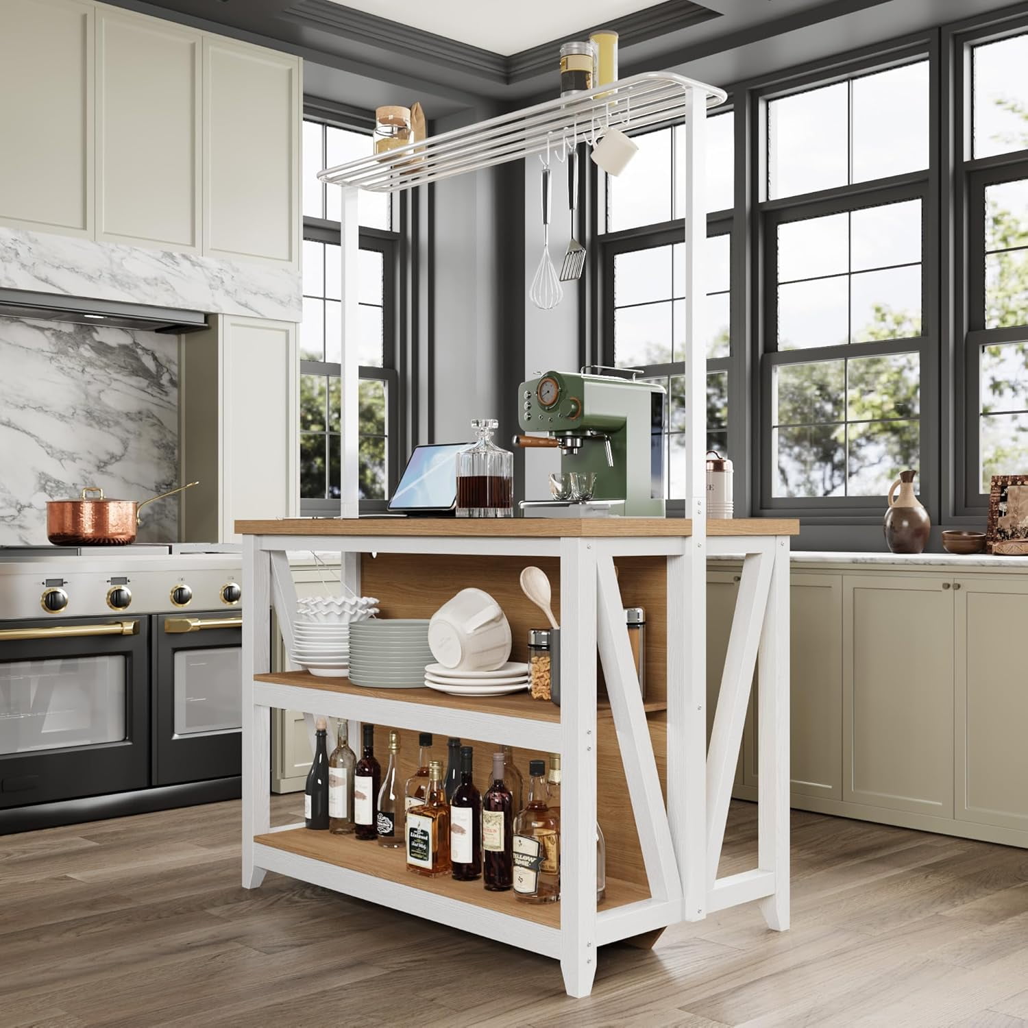 Wooden Home Kitchen Island with Power Outlet & LED Lights, Bakers Rack ...