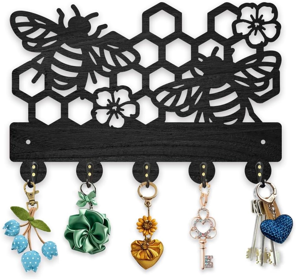 Wooden Honey Bee Flower Key Rack 11.8x7.8inch Beehive Key Holder for ...