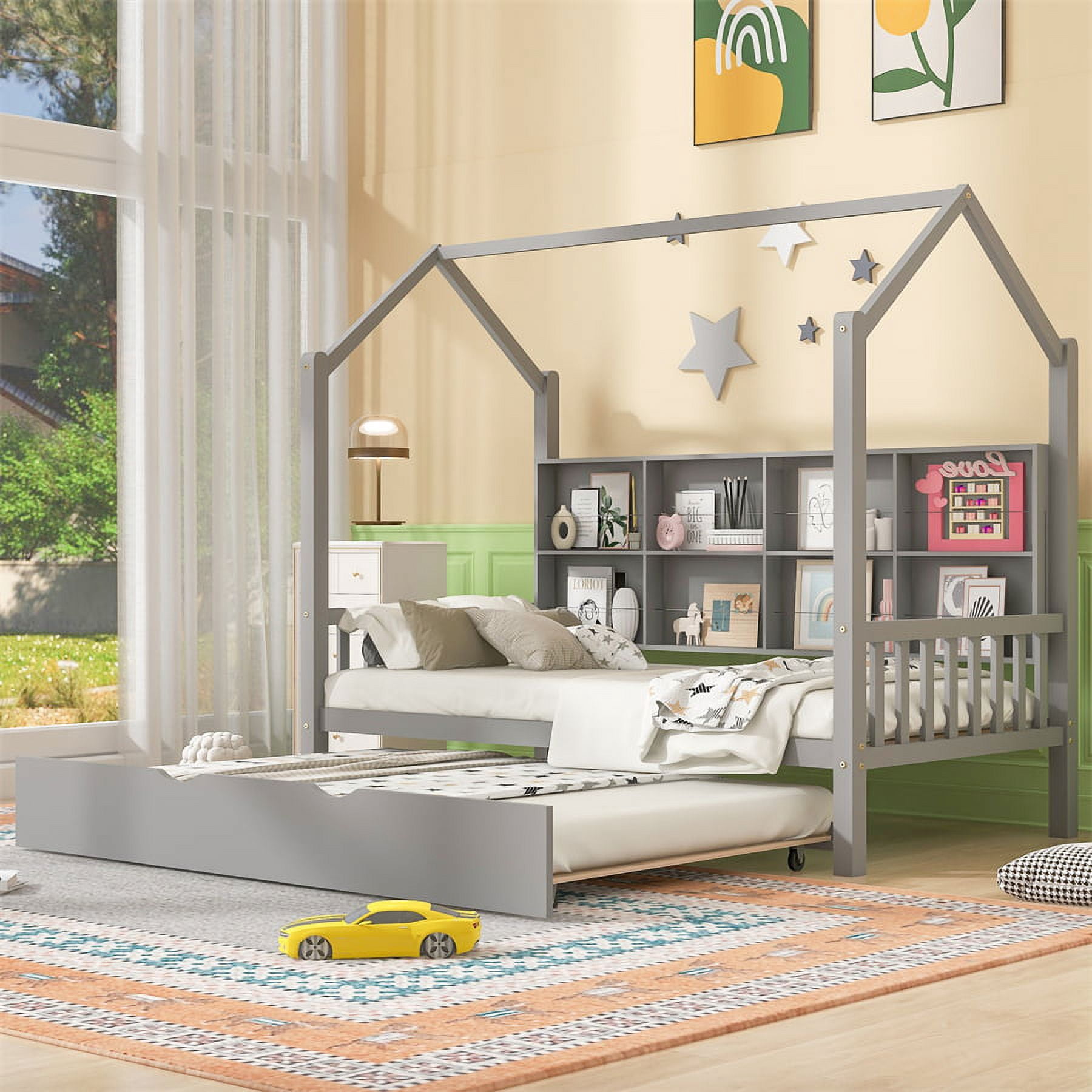 Wooden House Bed Frames with Trundle and Bookcase for Kids, Girls and ...