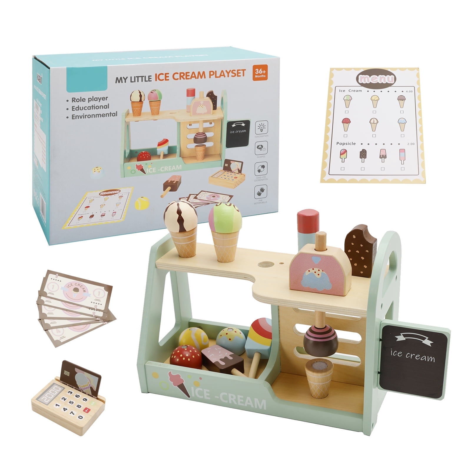 Wooden Ice Cream Counter Playset for Kids, Toddler Girl Toys Kitchen ...