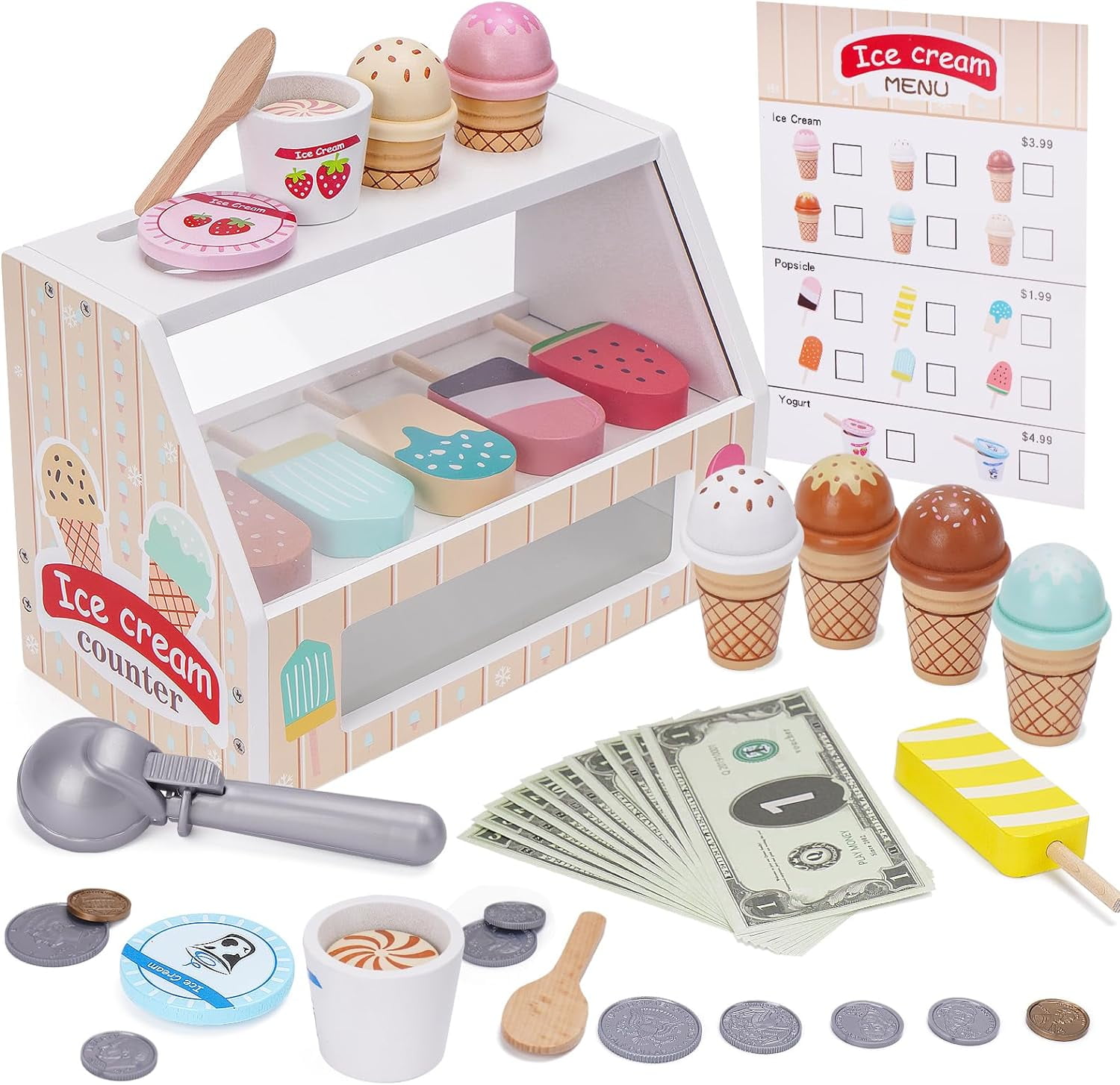 Wooden Ice Cream Counter Playset for Kids, Toddler Girl Toys Kitchen ...