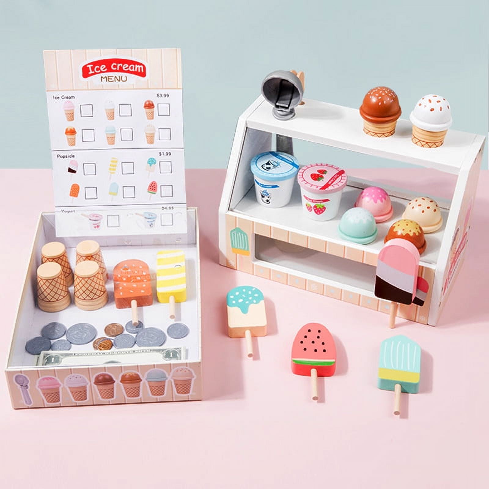 Wooden Ice Cream Counter Playset for Toddler Toys, Montessori Pretend ...