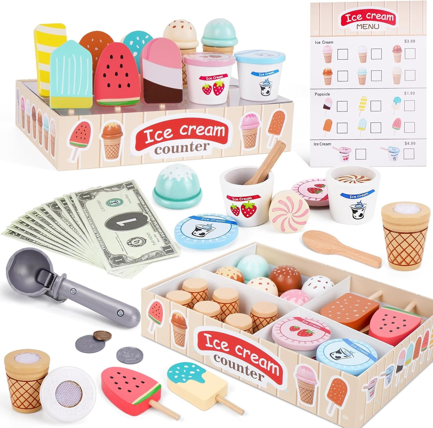 Ice Cream Play Set Wooden Ice Cream Shop Playset - Pretend Play Food ...