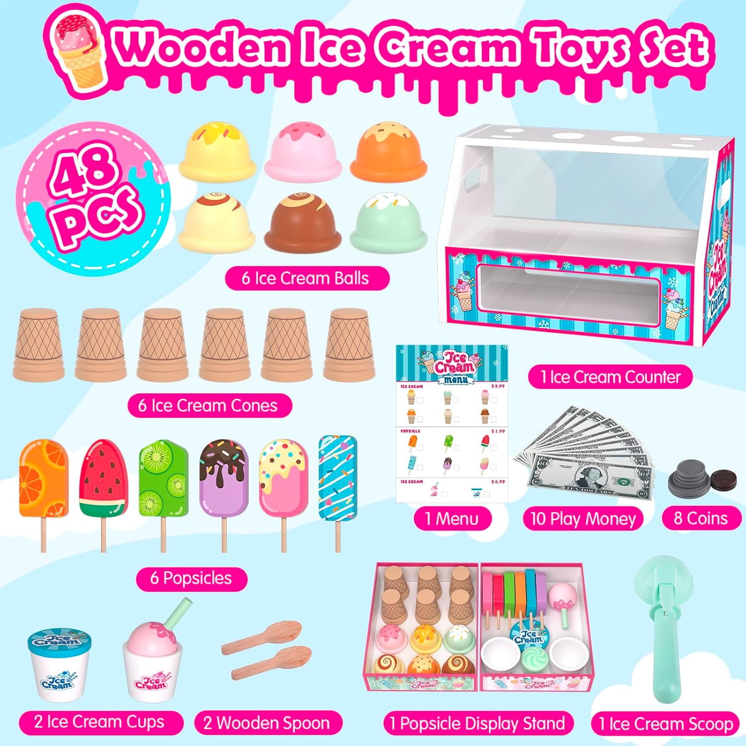 Wooden Ice Playset for Kids 3+, Pretend Kitchen Toy with Display ...