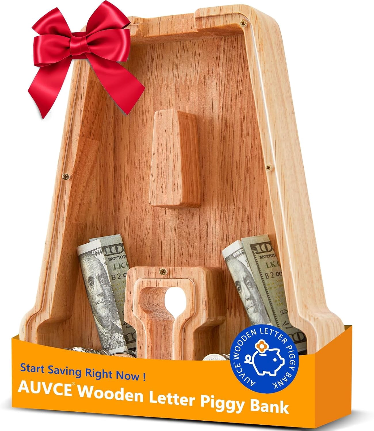 Wooden Initial Piggy Bank - Large Solid Wood Money Box for Kids ...