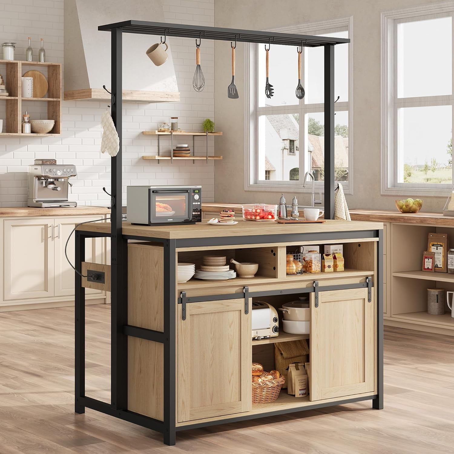 Wooden Island Table for Kitchen with Sliding Barn Door, Heavy Duty ...
