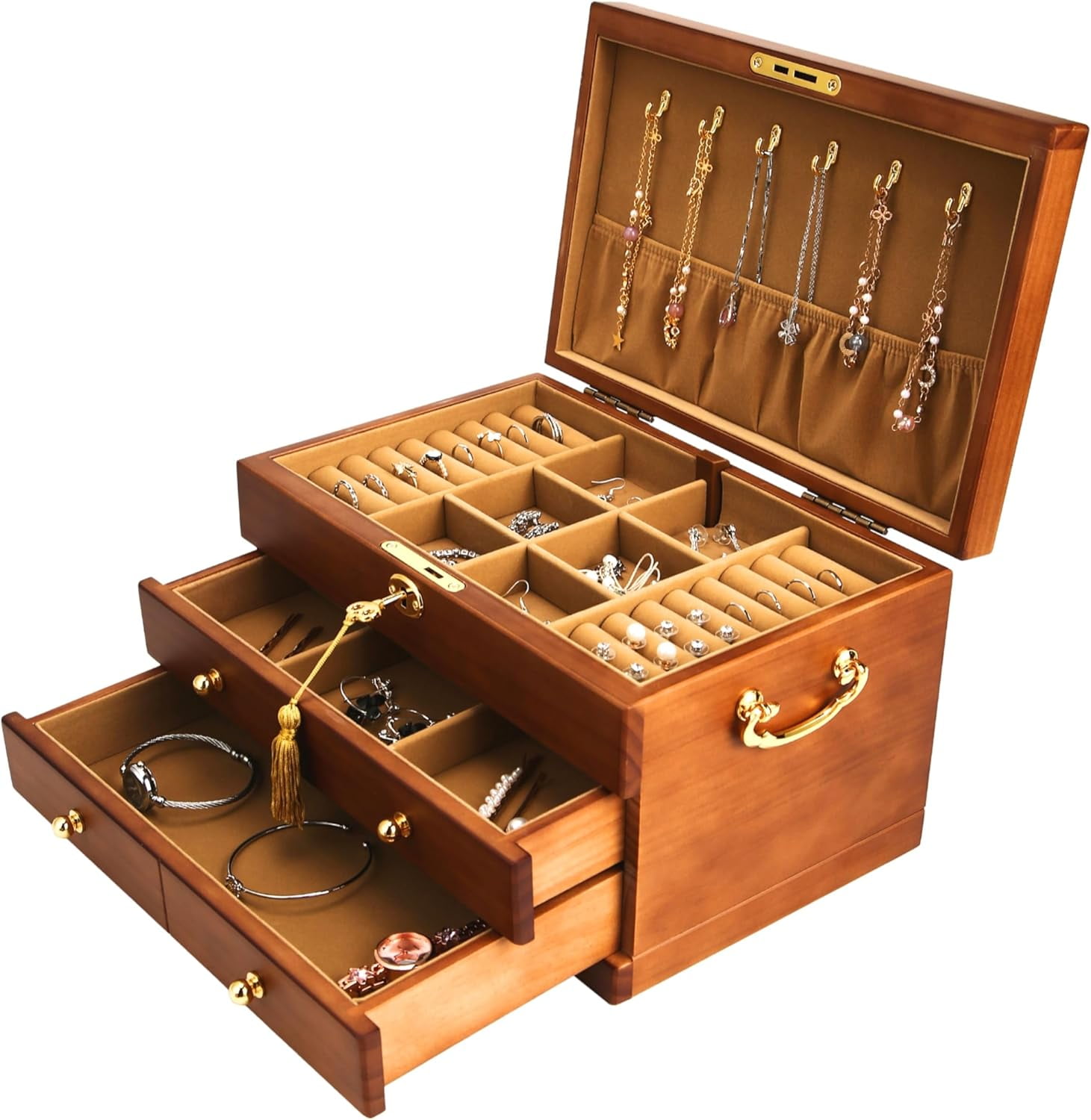 Wooden Jewelry Box with Lock and Key for Women, 2 Drawers Medium Size ...