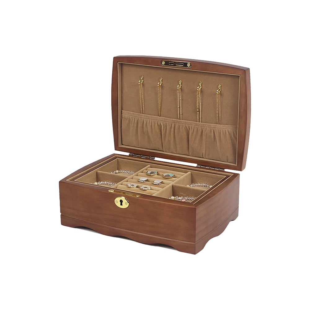 Wooden Jewelry Box with Lock & Key for Women, Medium Size Real Natural ...