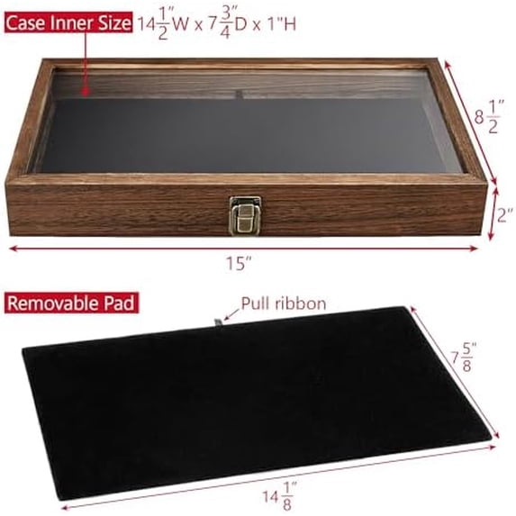 Wooden Jewelry Display Case with Tempered Glass Lid and Removable Black ...