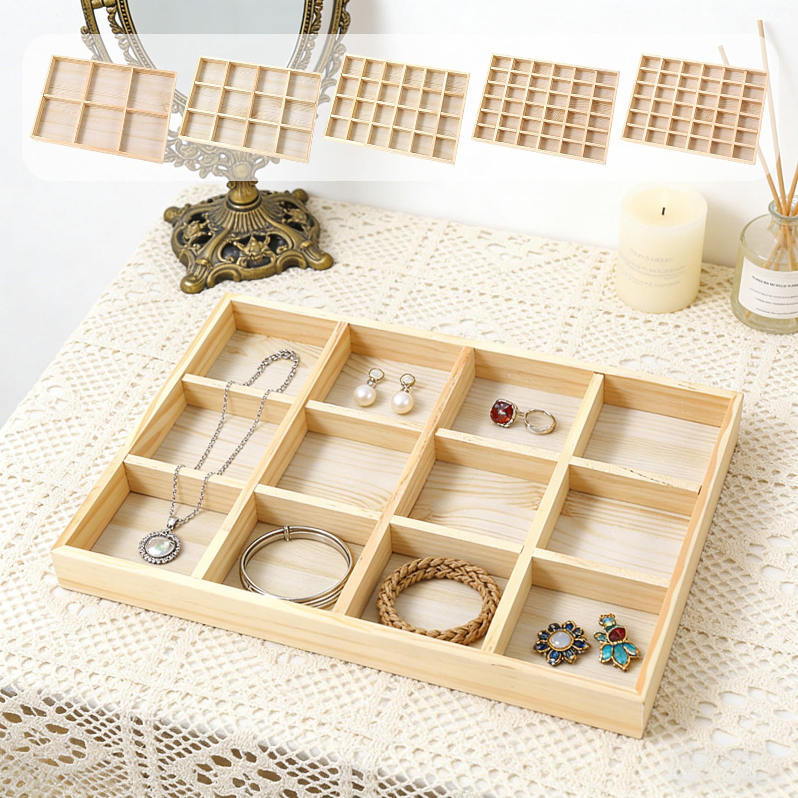 Wooden Jewelry Sorting Tray with 24 Grids Divider - Multi-Compartment ...