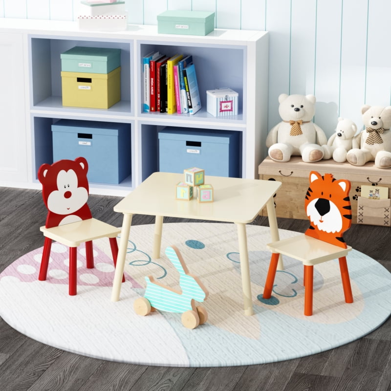 Wooden Kids Activity Table Set (Bear&Tiger) - 3-Piece Toddler Table & 2 ...