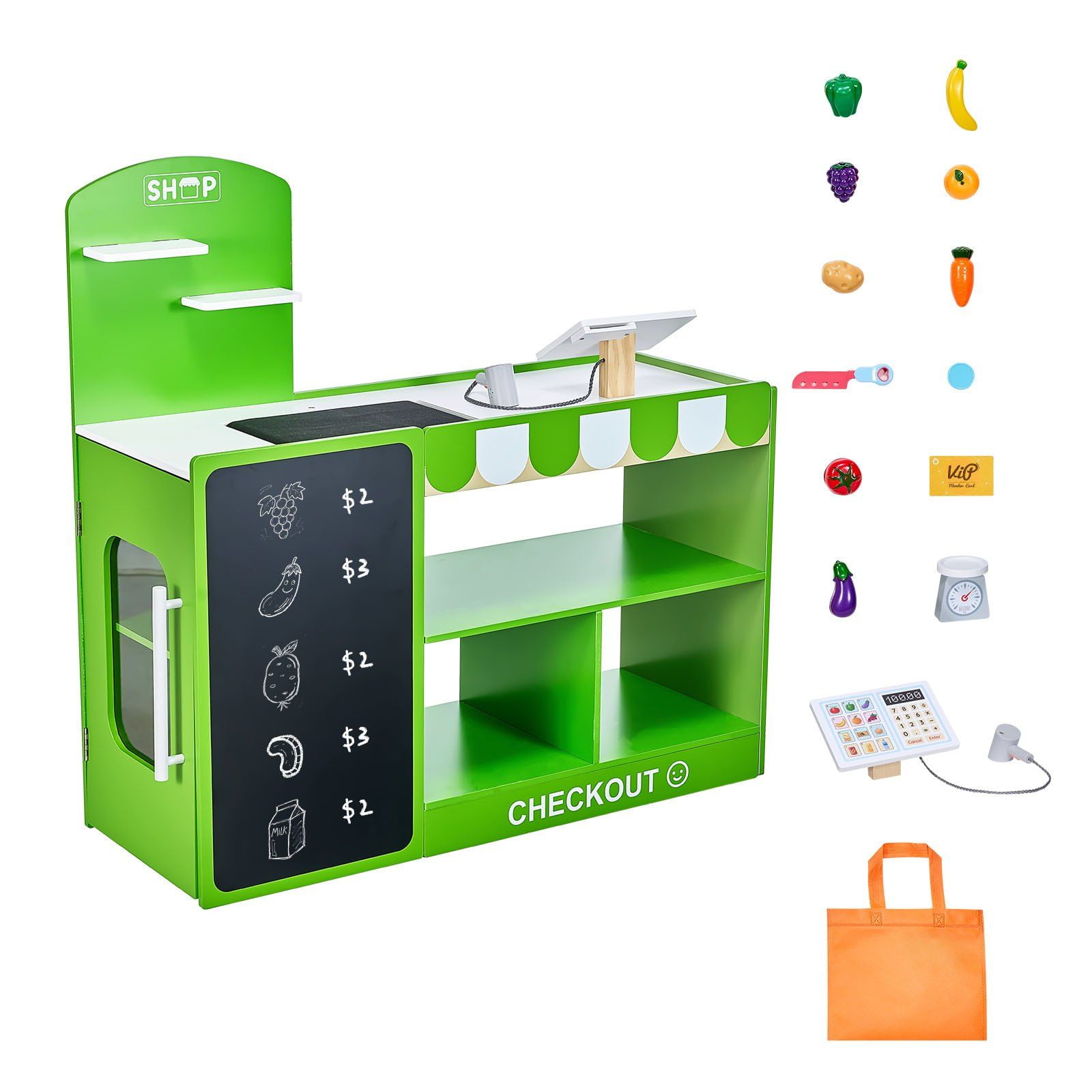Wooden Kids Grocery Store Play Set - Market Stand with Cash Register ...