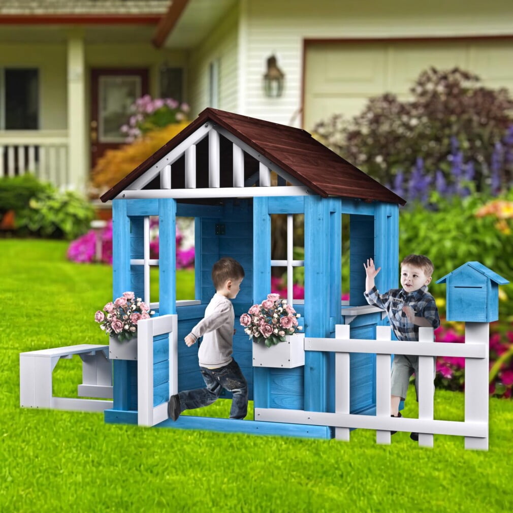 Wooden Kids Playhouse with Picnic Bench and Door, Outdoor Cottage ...