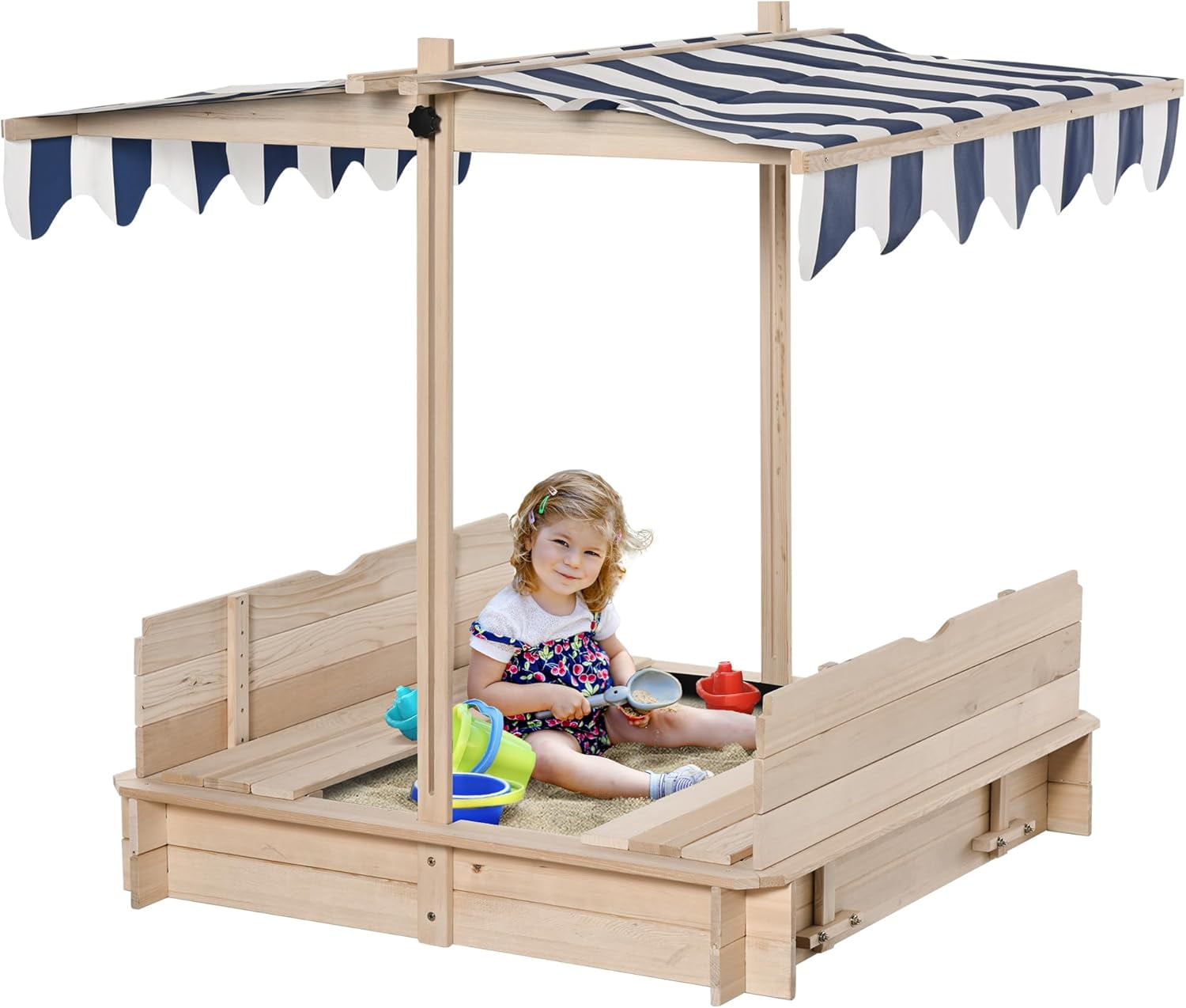 Wooden Kids Sandbox with Cover, Children Outdoor Sand Box with Foldable ...