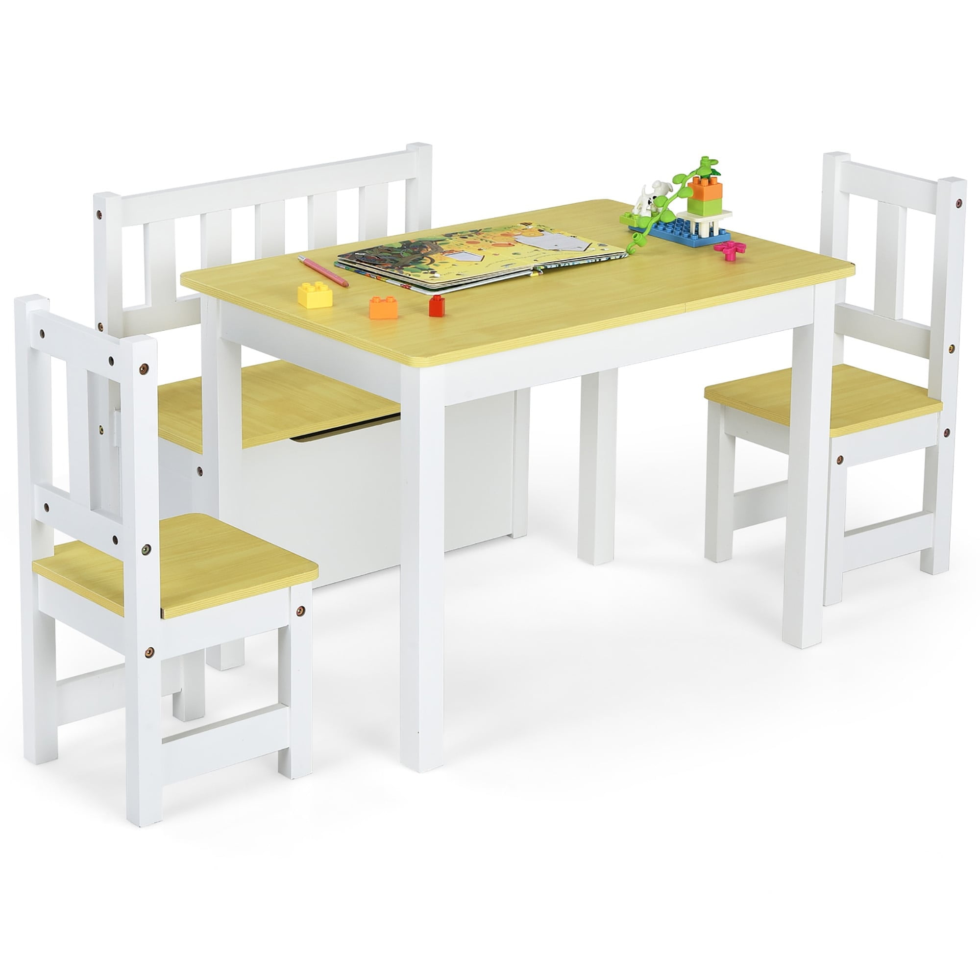 Wooden Kids Table and Chair Set Activity Table with Toy Storage Bench ...
