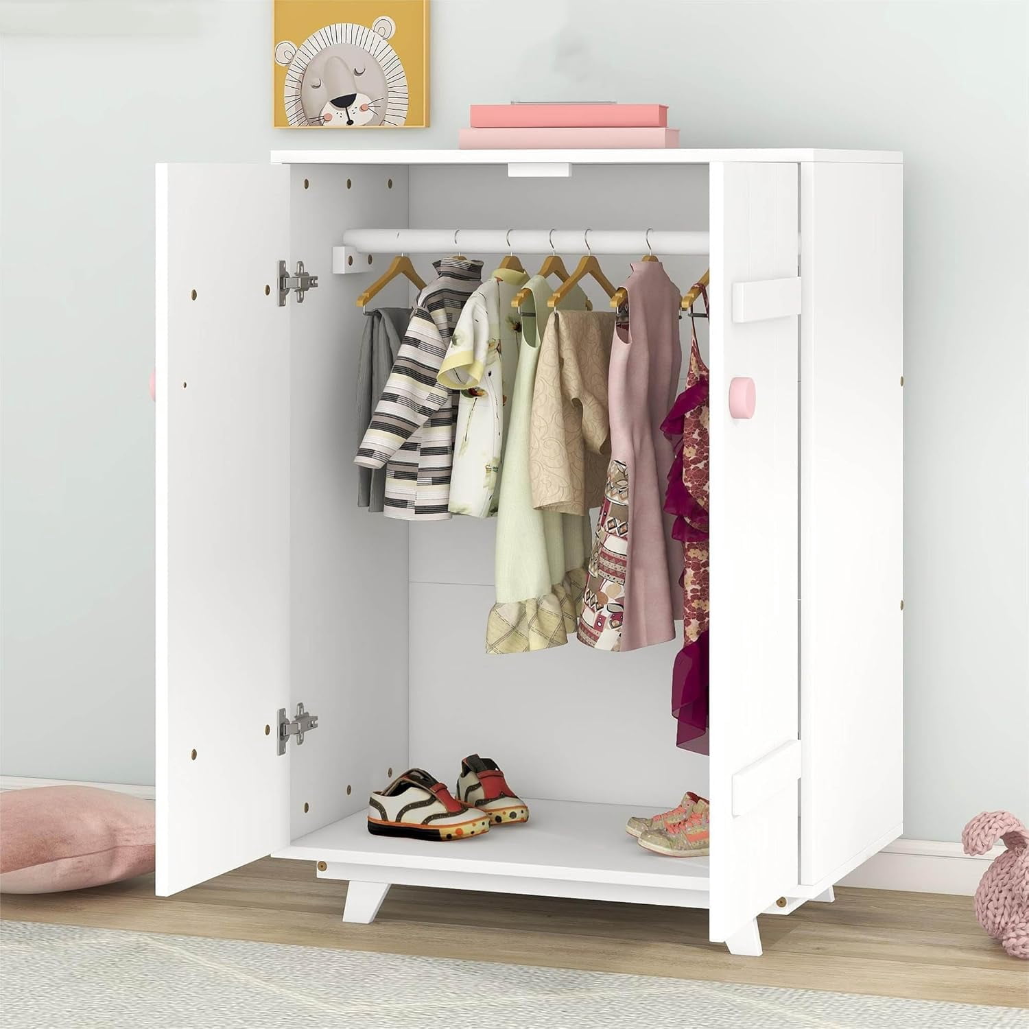 Wooden Kids Wardrobe with Hanging Rod,Freestanding Cabinet with 2 Doors ...